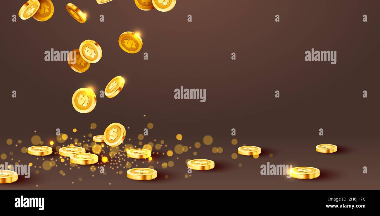 Falling coins, falling money, flying gold coins, golden rain. Jackpot ...