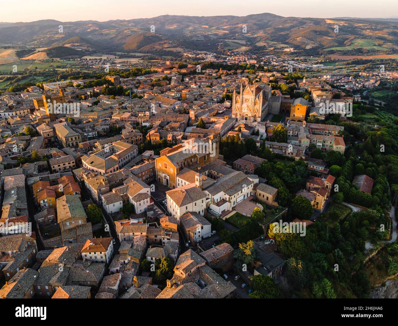 Drone view of Orvieto's Old Town cityscape at sunset, Orvieto, Umbria ...