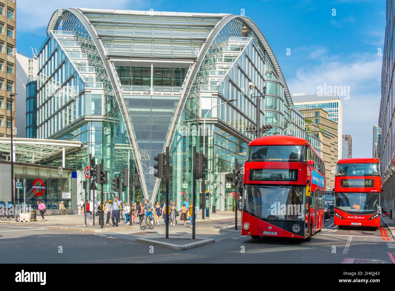 View of red double decker buses in Bressenden Place, Victoria, London ...
