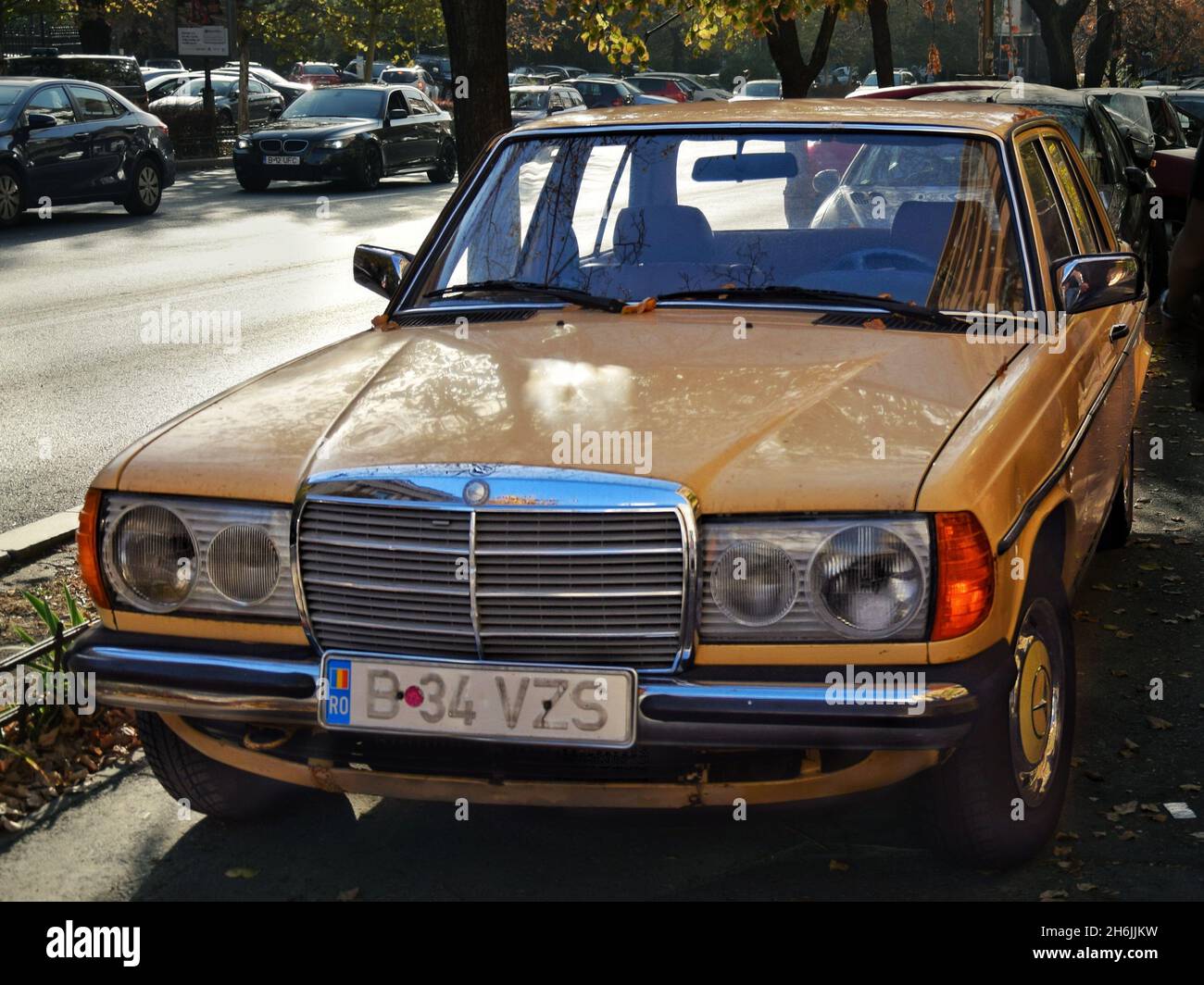 BUCHARE, ROMANIA - Oct 31, 2018: An old vintage beige Mercedes-Benz ...