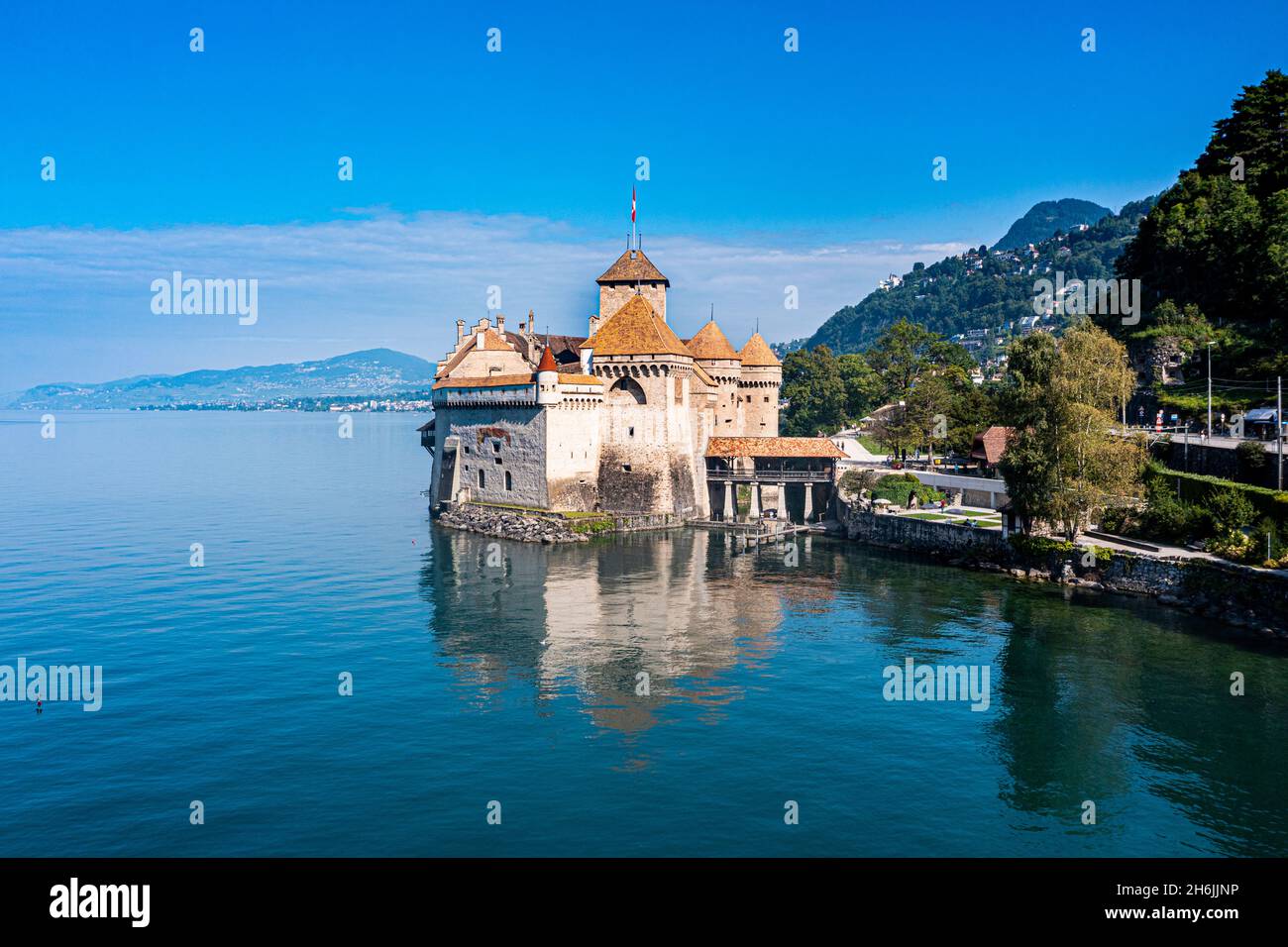 Aerial of Chillon Castle, Lake Geneva, Switzerland, Europe Stock Photo ...