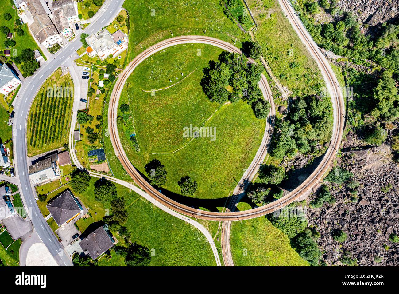 Aerial of the Brusio spiral viaduct, UNESCO World Heritage Site ...