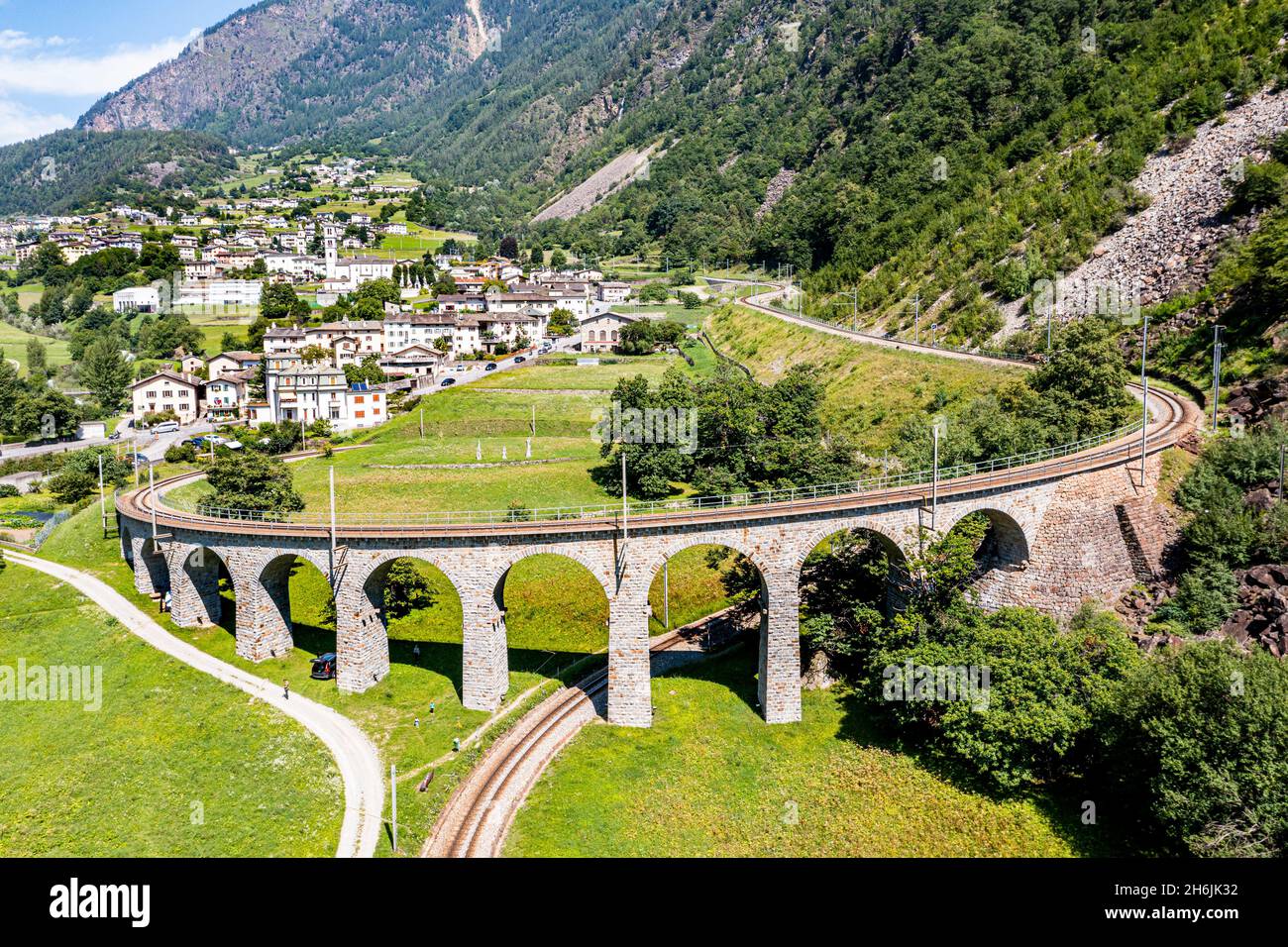 Aerial of the Brusio spiral viaduct, UNESCO World Heritage Site ...