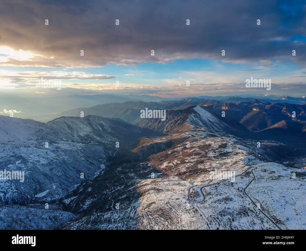 Aerial view of the snowy mountain Taygetus (also known as Taugetus or ...