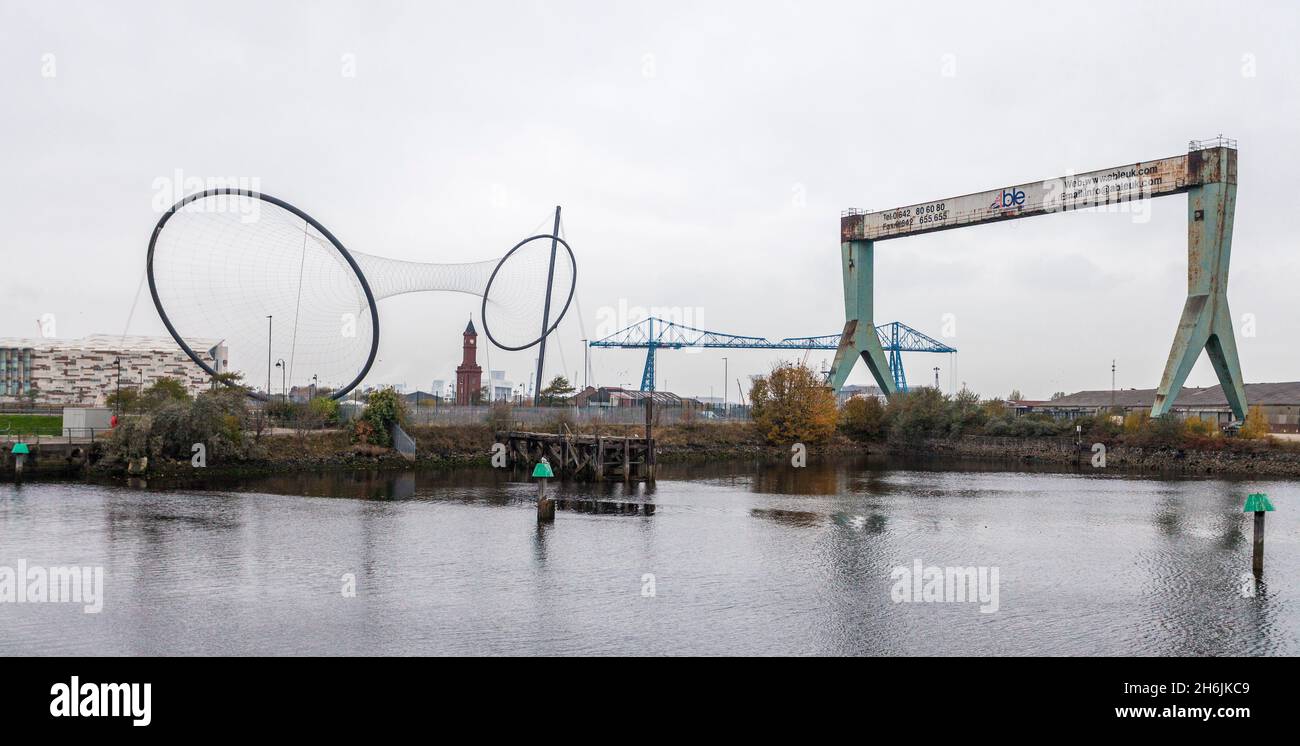A crane hoist,Temenos,Transporter Bridge and the clock tower at ...