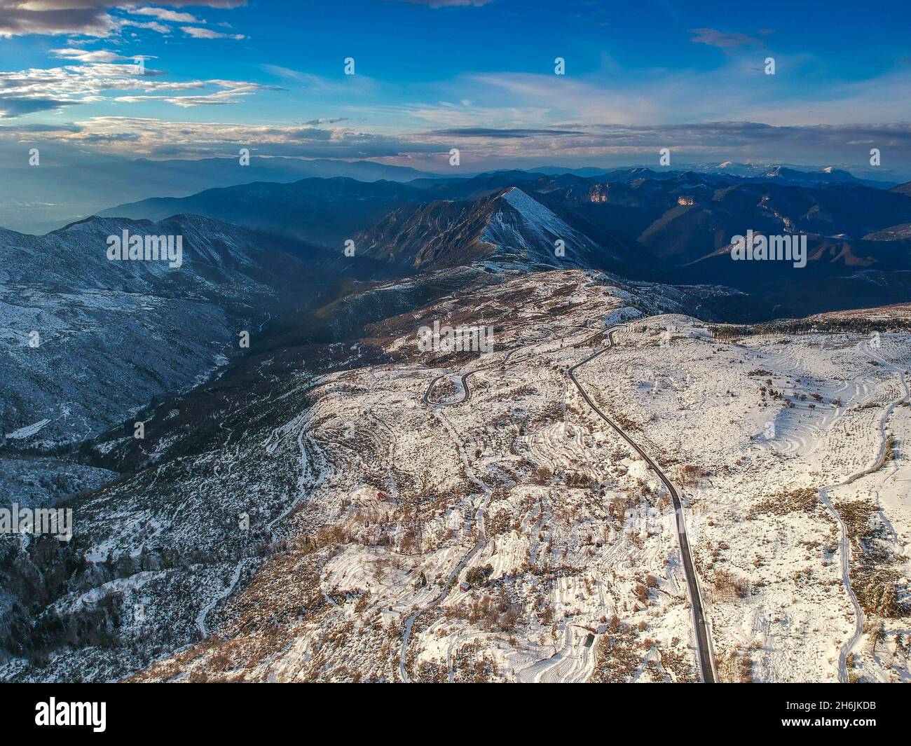 Aerial view of the snowy mountain Taygetus (also known as Taugetus or ...