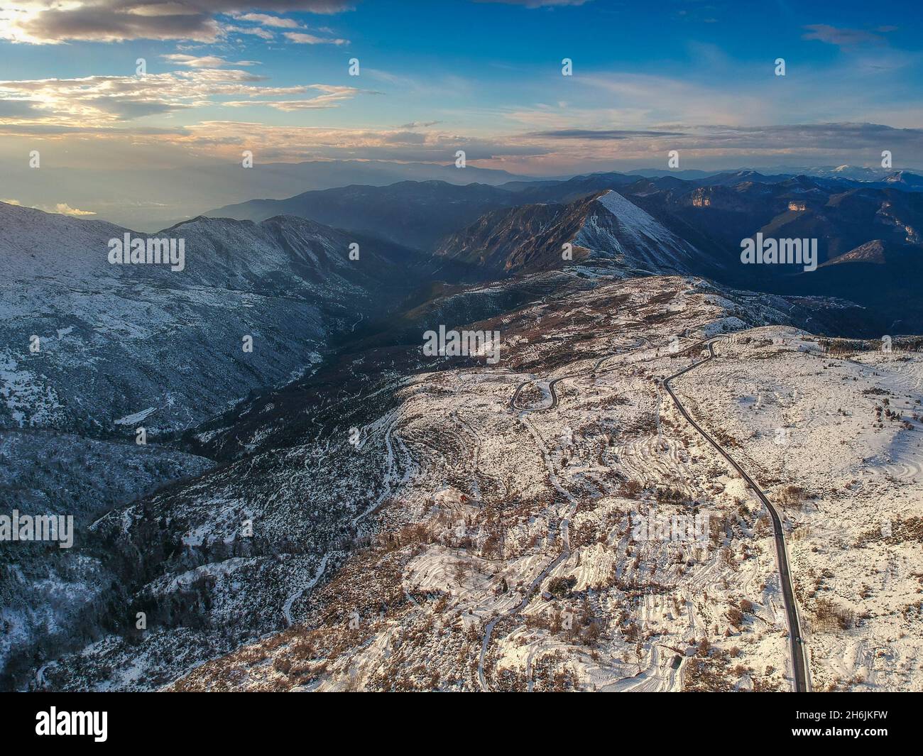 Aerial view of the snowy mountain Taygetus (also known as Taugetus or ...