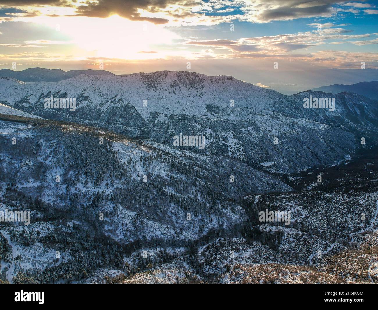 Aerial view of the snowy mountain Taygetus (also known as Taugetus or ...