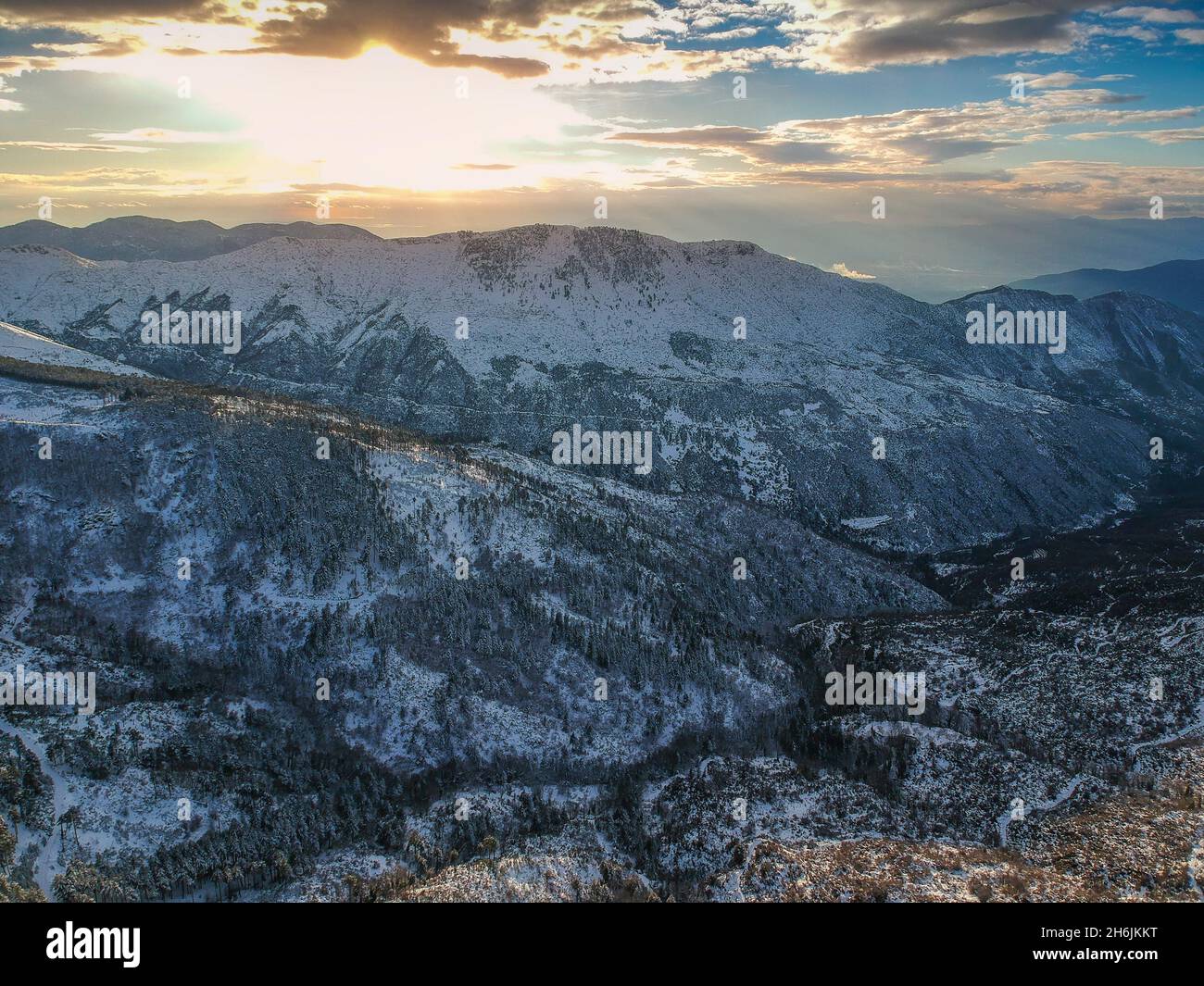Aerial view of the snowy mountain Taygetus (also known as Taugetus or ...