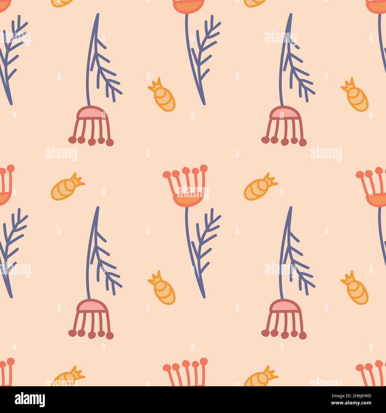 Fantasy childish flower and bud, seamless pattern yellow background ...