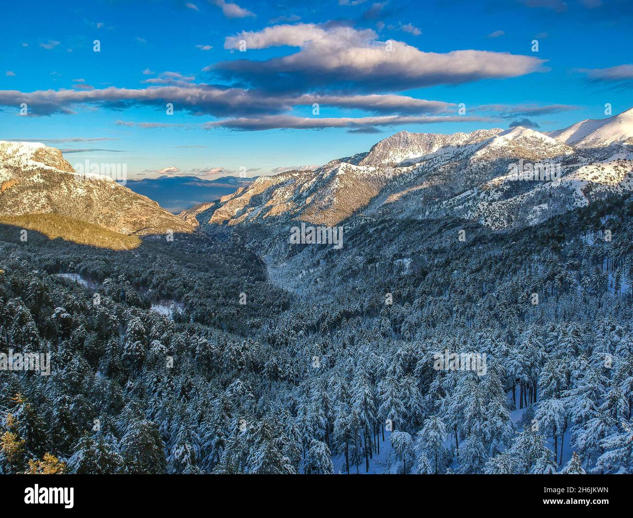 Aerial view of the snowy mountain Taygetus (also known as Taugetus or ...