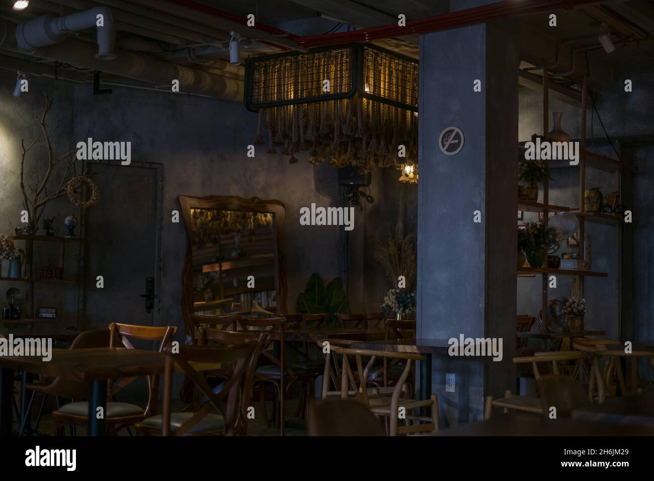 Vintage design. Eco cafe design in brown colours. Chandeliers made from ...