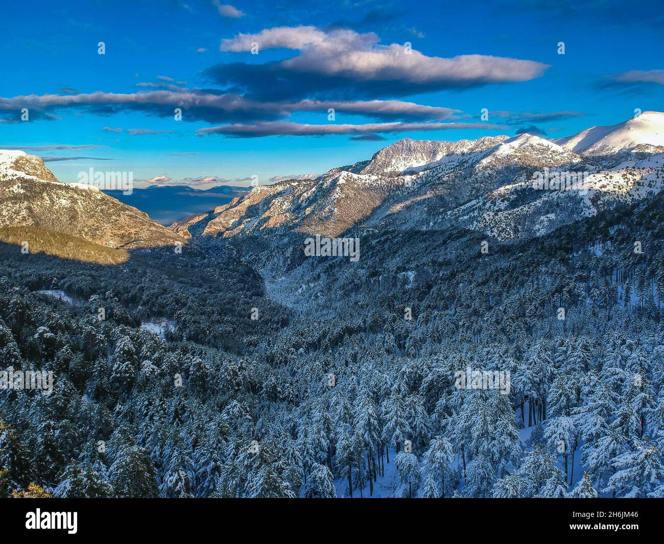 Aerial view of the snowy mountain Taygetus (also known as Taugetus or ...