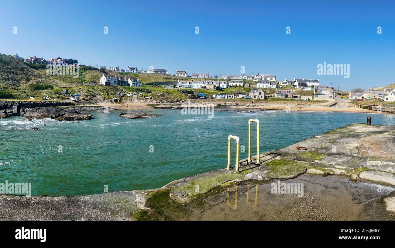 Panorama, Collieston coastal village, harbour and beach, Aberdeenshire ...
