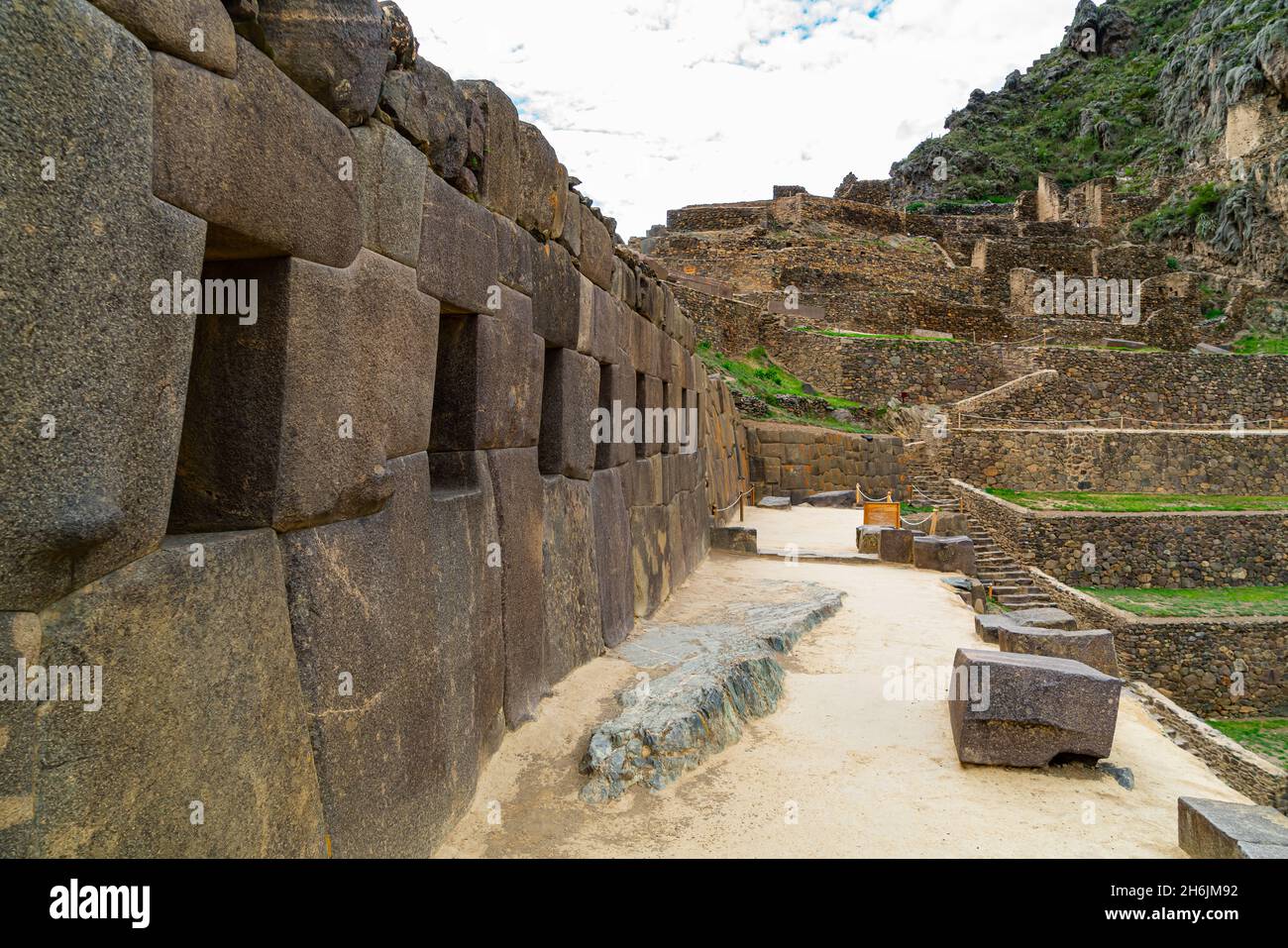 Terraces and rocks building at Inca archaeological site on the mountain ...