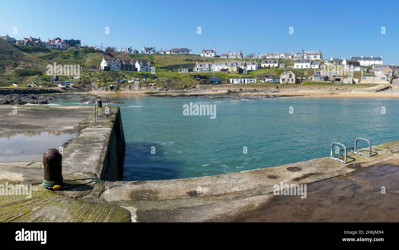 Panorama, Collieston coastal village, harbour and beach, Aberdeenshire ...