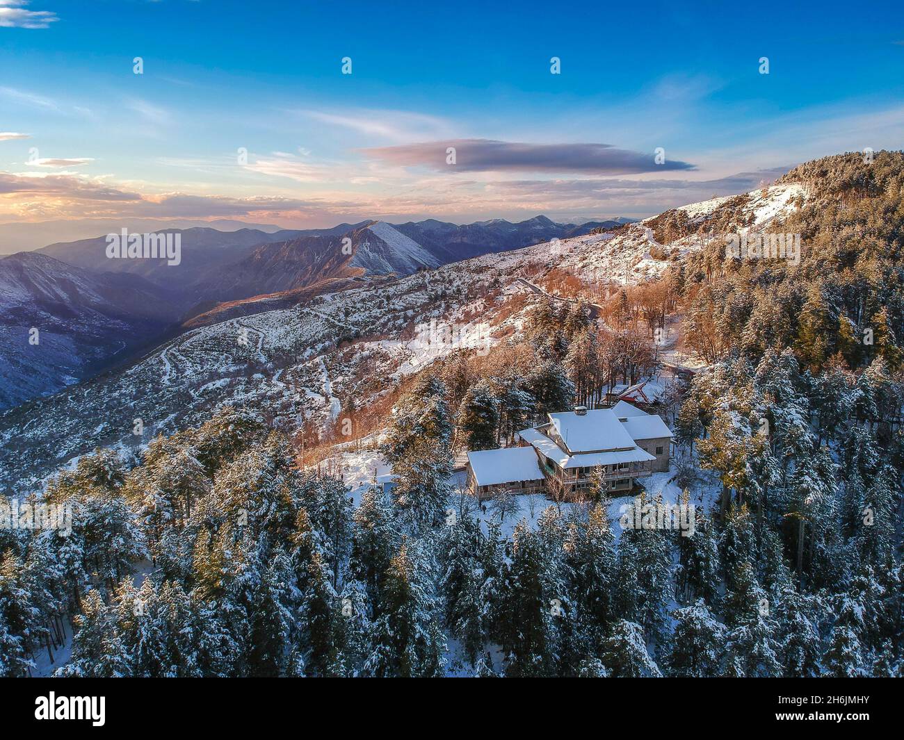 Aerial view of the snowy mountain Taygetus (also known as Taugetus or ...