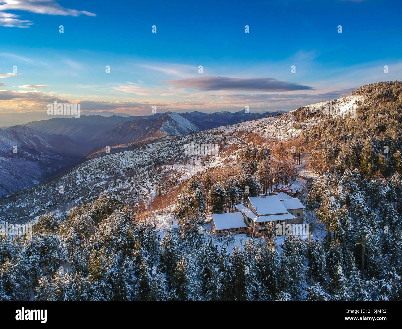 Aerial view of the snowy mountain Taygetus (also known as Taugetus or ...