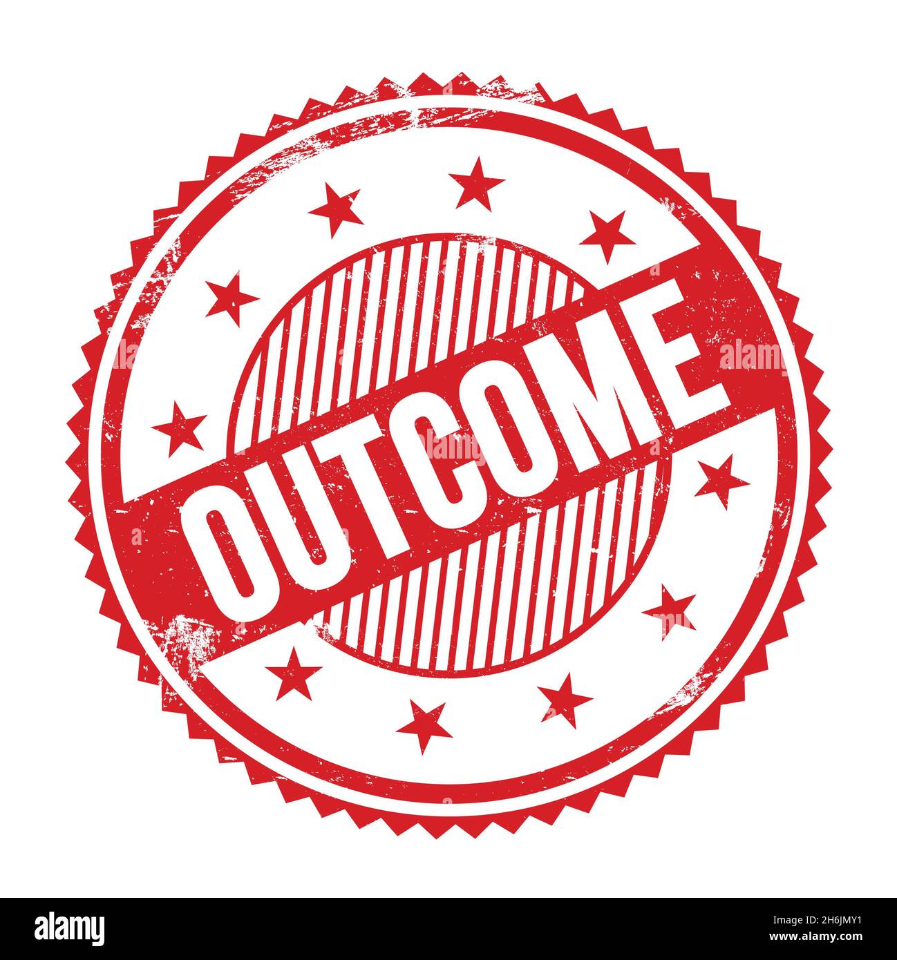 OUTCOME text written on red grungy zig zag borders round stamp Stock ...