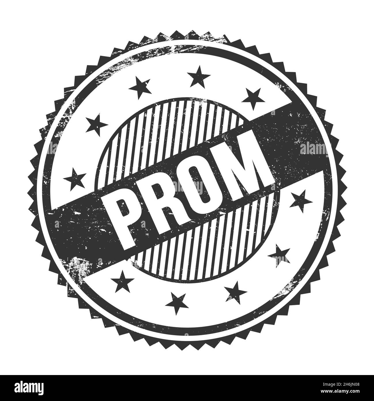 PROM text written on black grungy zig zag borders round stamp Stock ...