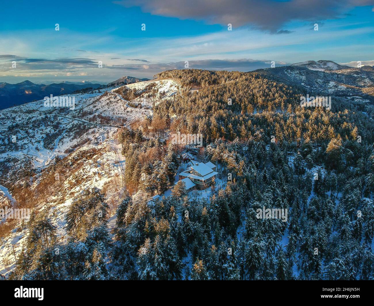 Aerial view of the snowy mountain Taygetus (also known as Taugetus or ...