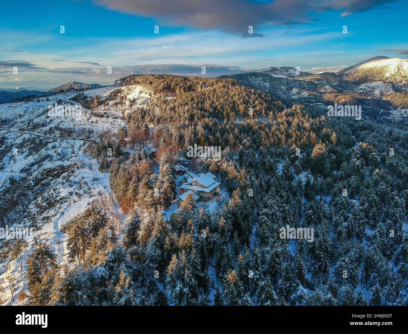 Aerial view of the snowy mountain Taygetus (also known as Taugetus or ...