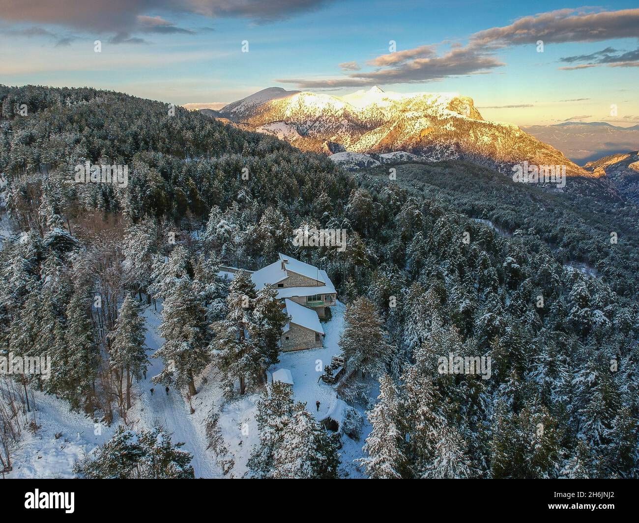 Aerial view of the snowy mountain Taygetus (also known as Taugetus or ...
