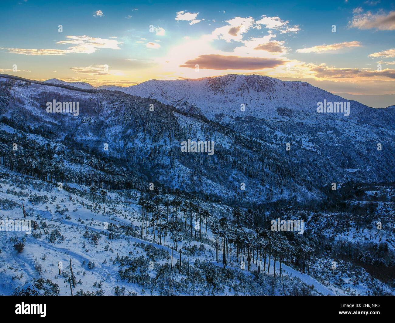 Aerial view of the snowy mountain Taygetus (also known as Taugetus or ...