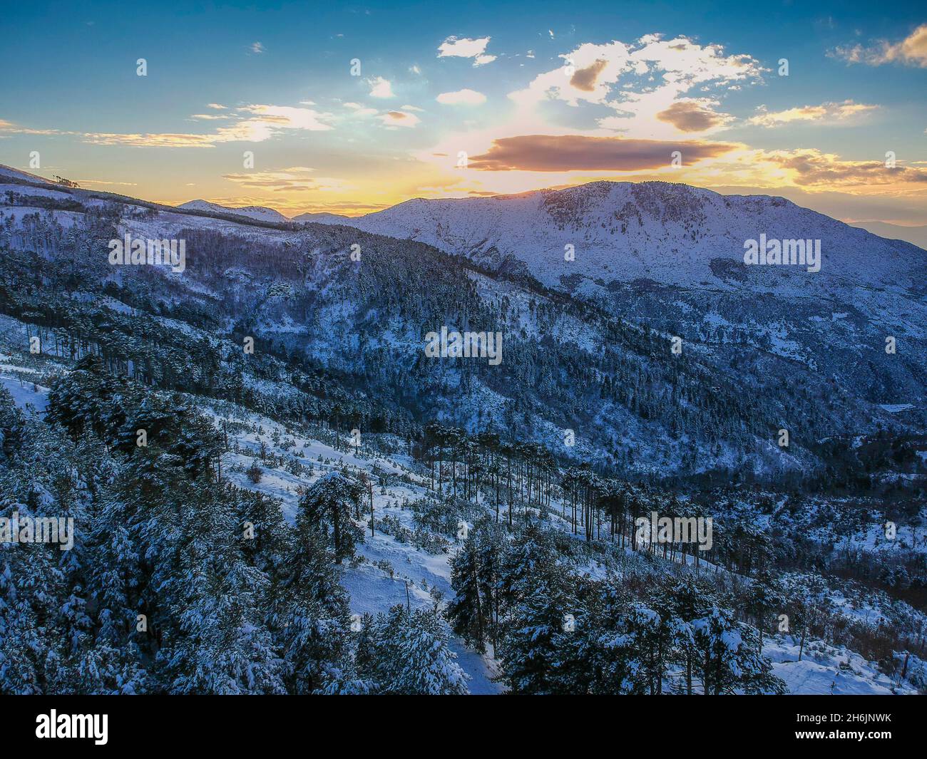 Aerial view of the snowy mountain Taygetus (also known as Taugetus or ...