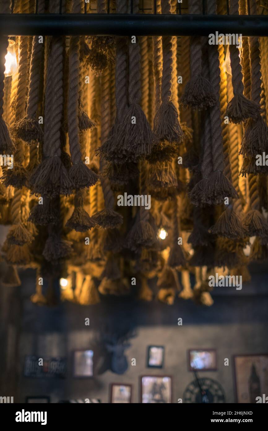 Vintage design. Eco cafe design in brown colours. Chandeliers made from ...