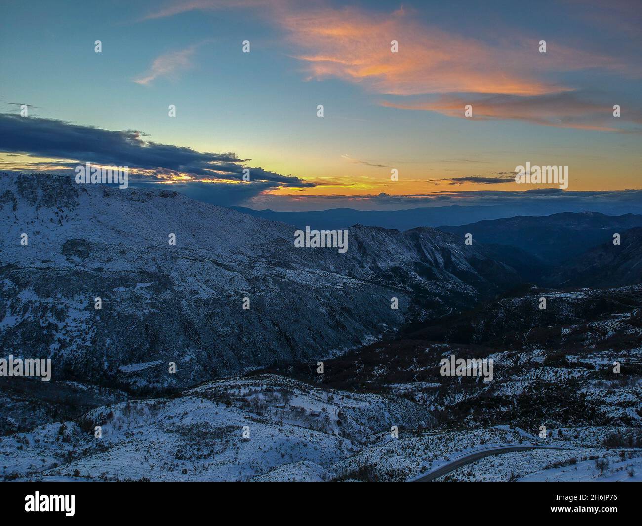 Aerial view of the snowy mountain Taygetus (also known as Taugetus or ...