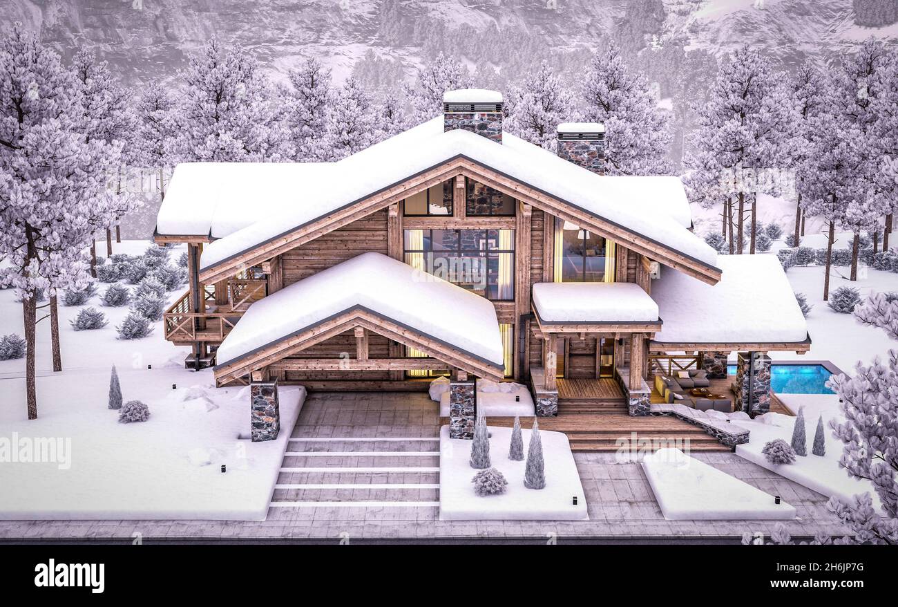 3d rendering of modern cozy chalet with pool and parking for sale or ...