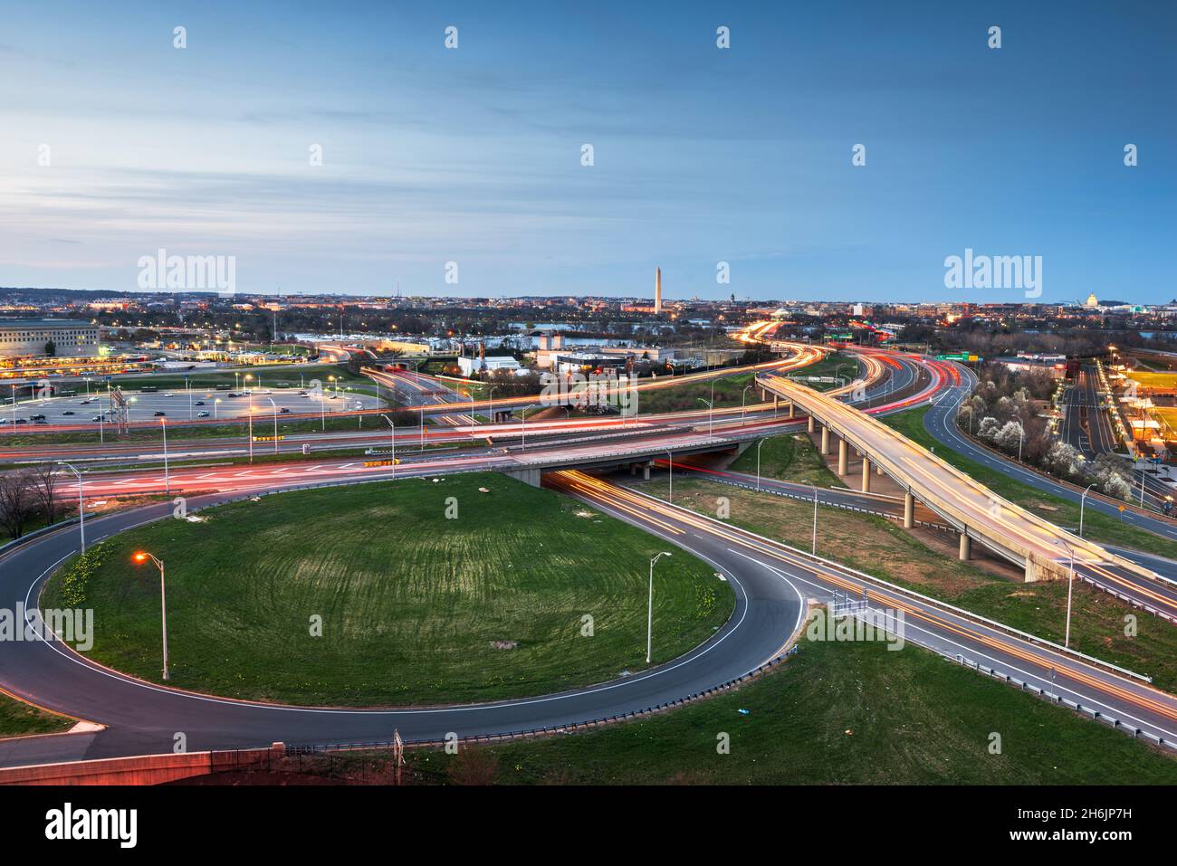 Washington, D.C. skyline with Highways and Monuments at dusk Stock ...