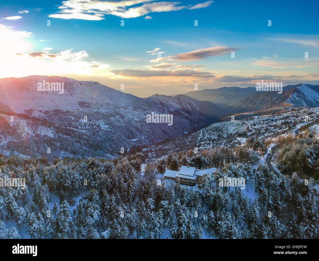 Aerial view of the snowy mountain Taygetus (also known as Taugetus or ...