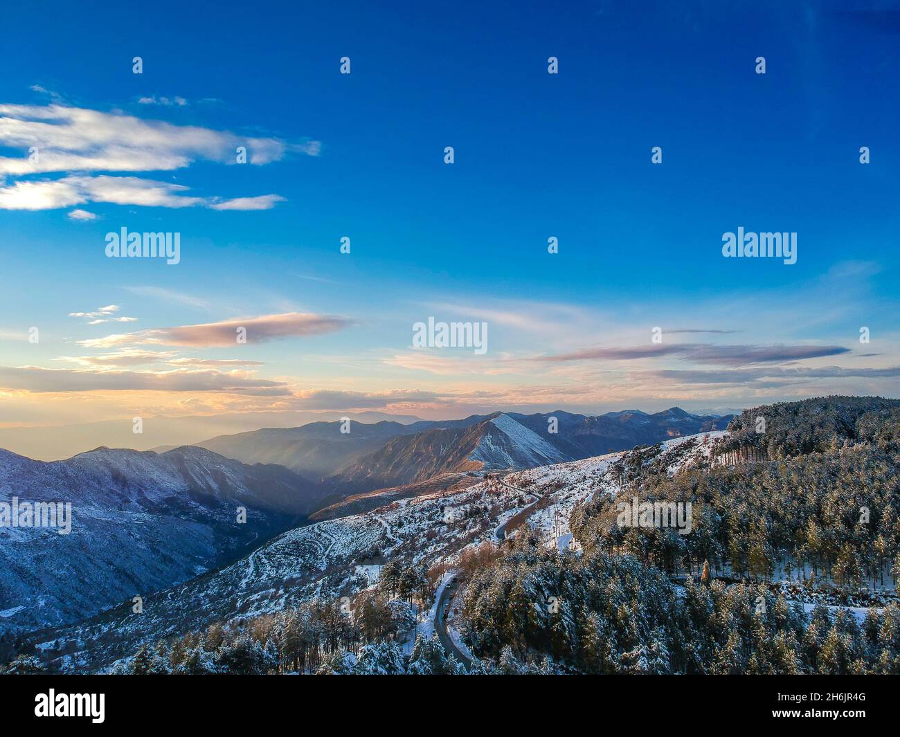 Aerial view of the snowy mountain Taygetus (also known as Taugetus or ...