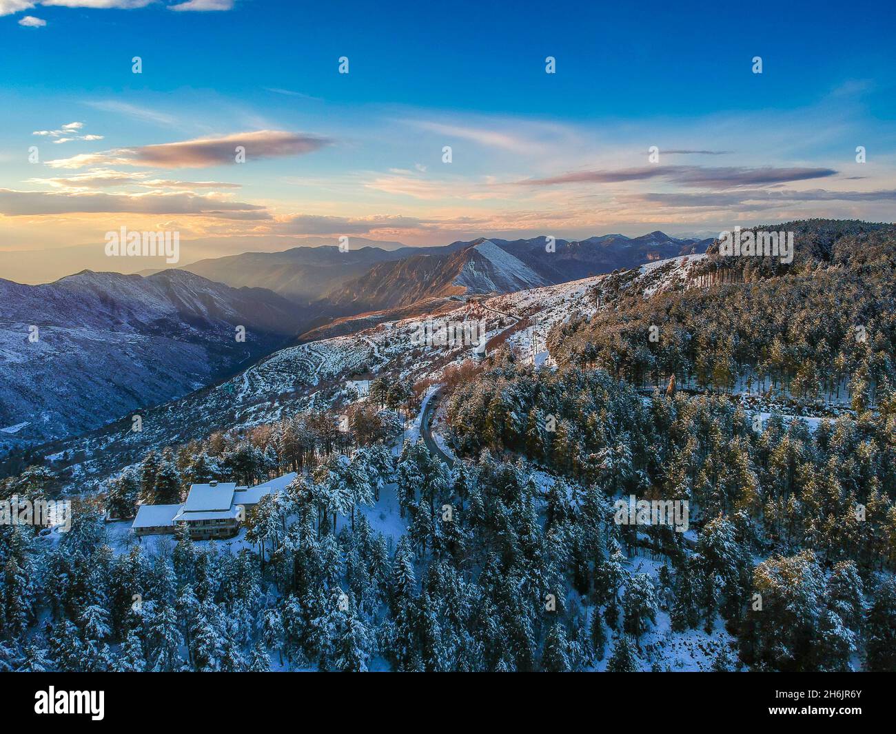 Aerial view of the snowy mountain Taygetus (also known as Taugetus or ...