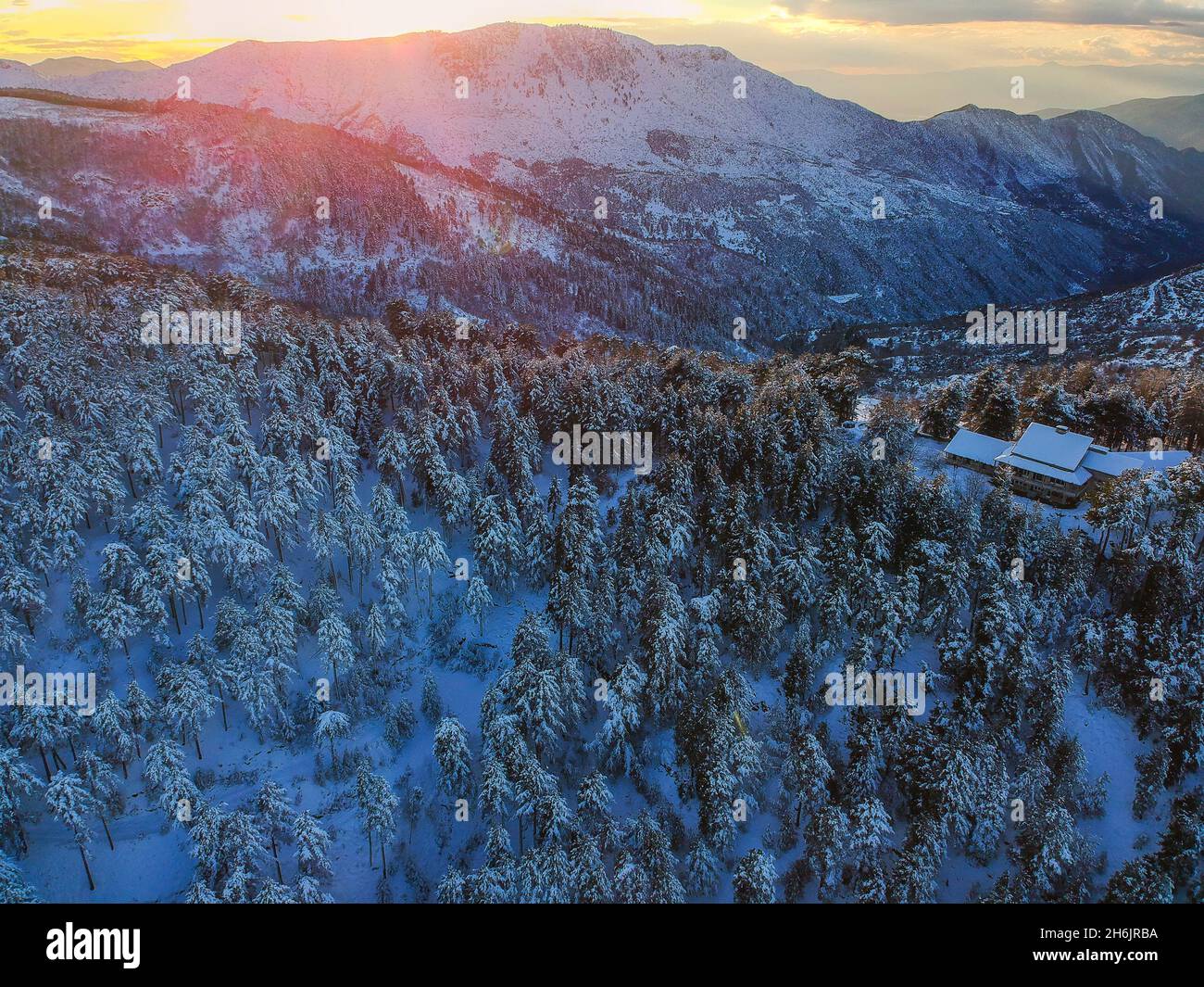 Aerial view of the snowy mountain Taygetus (also known as Taugetus or ...