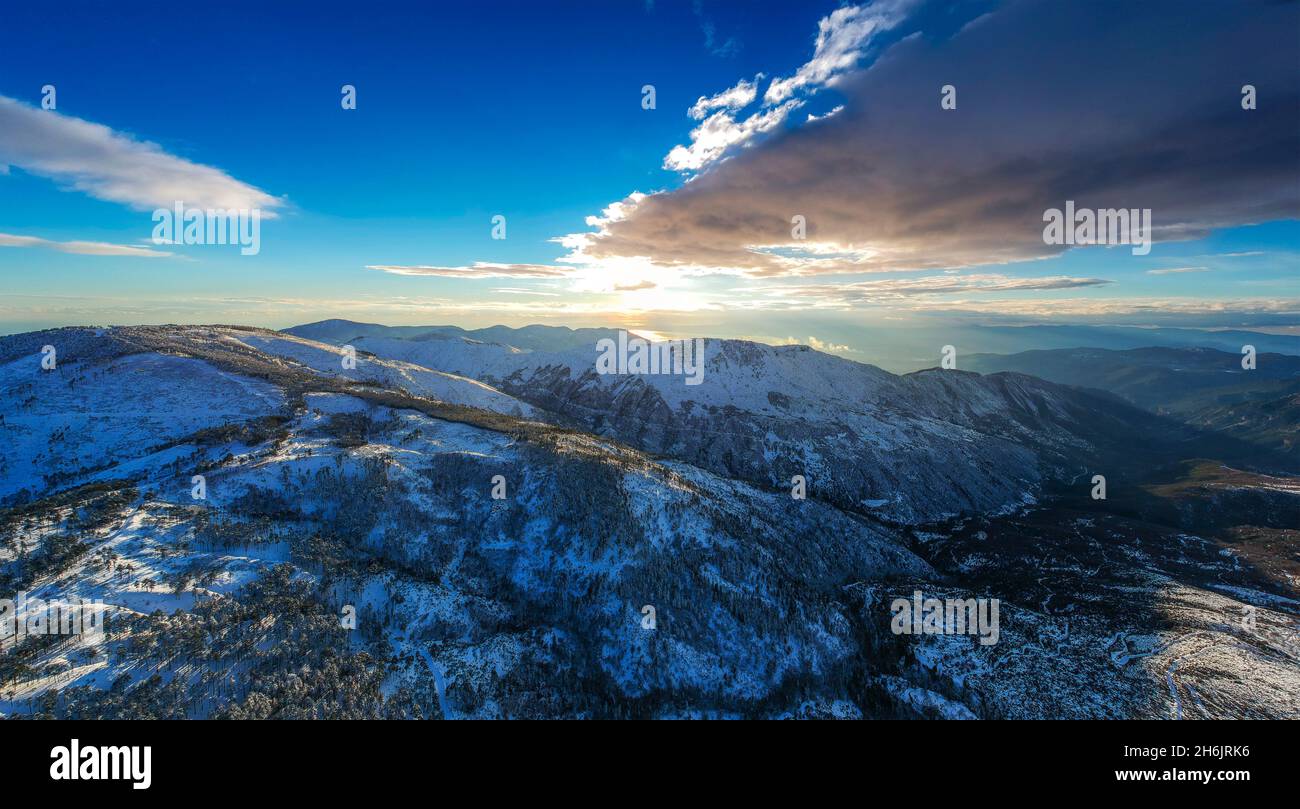Aerial view of the snowy mountain Taygetus (also known as Taugetus or ...
