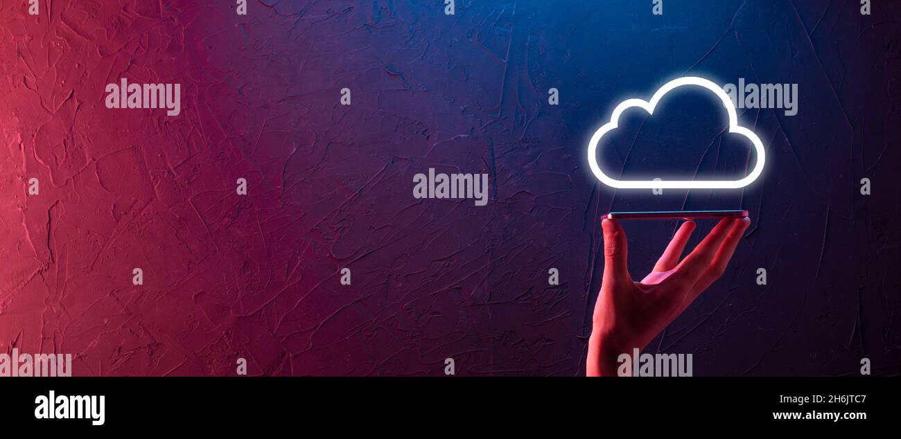 Hand holding icon cloud computing network and icon connection data information in hand. Cloud ...