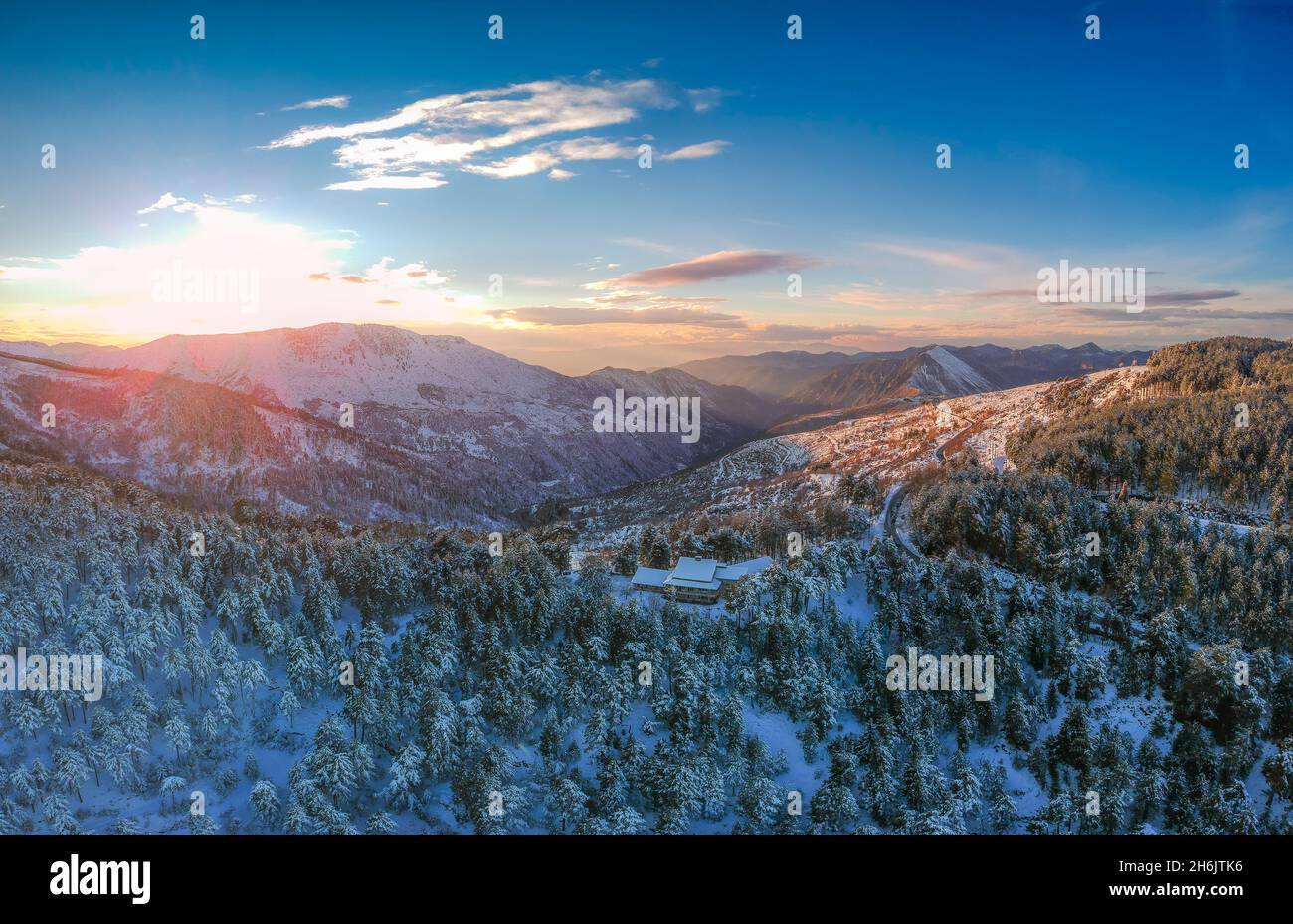 Aerial view of the snowy mountain Taygetus (also known as Taugetus or ...