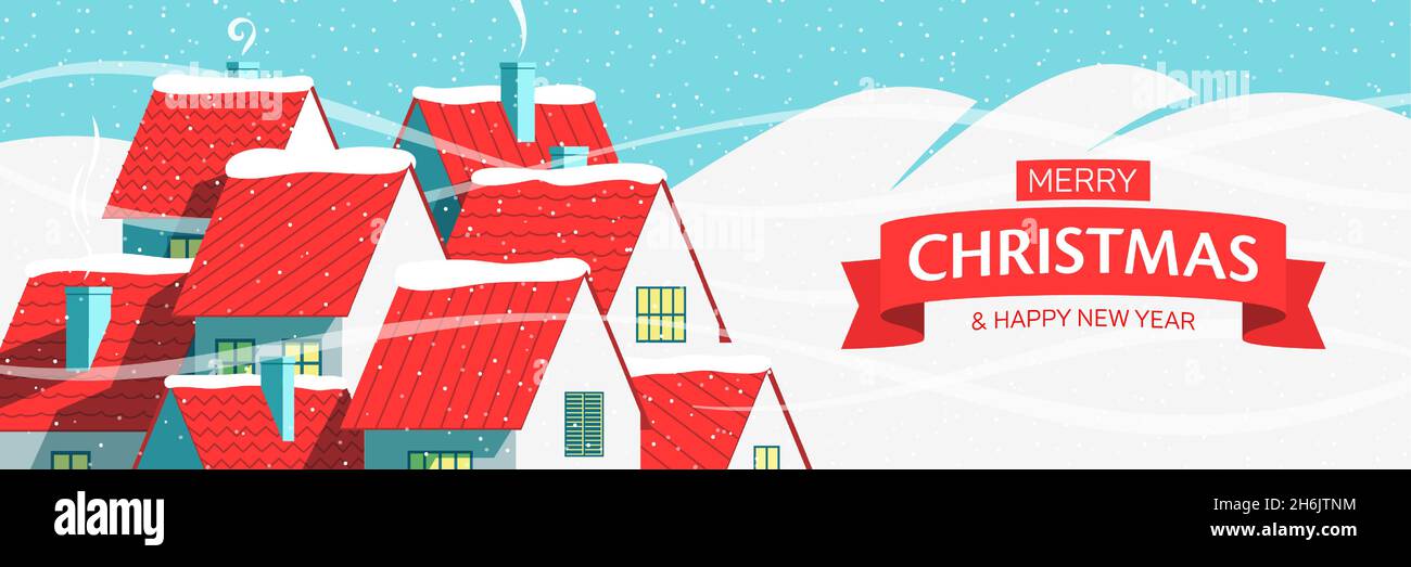 Little village houses with red roofs on a snowy blue background and ...