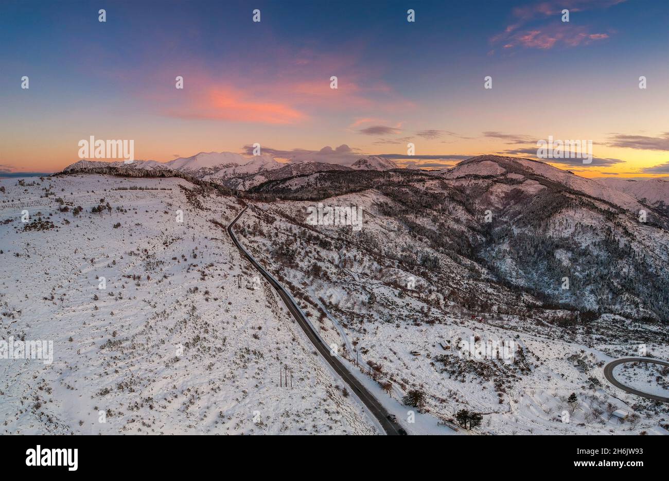 Aerial view of the snowy mountain Taygetus (also known as Taugetus or ...