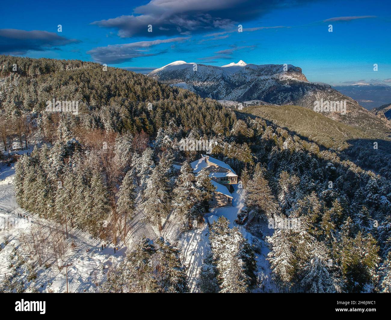 Aerial view of the snowy mountain Taygetus (also known as Taugetus or ...