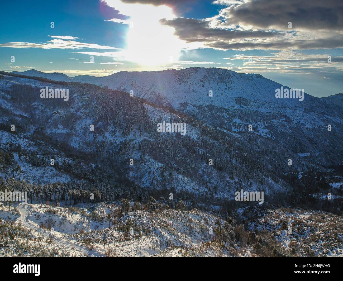 Aerial view of the snowy mountain Taygetus (also known as Taugetus or ...