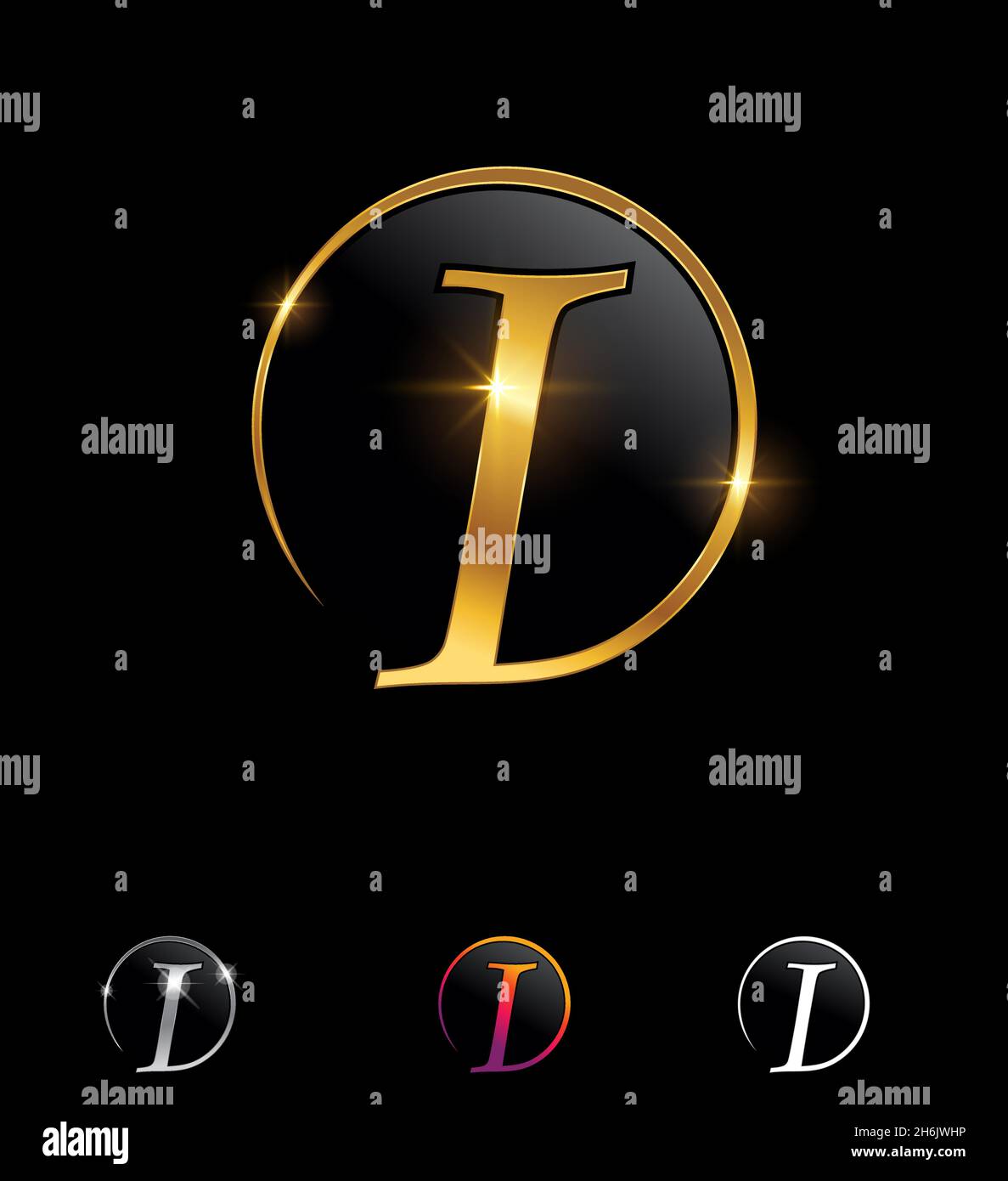 A vector illustration set of Golden Circle Letter I in black background ...