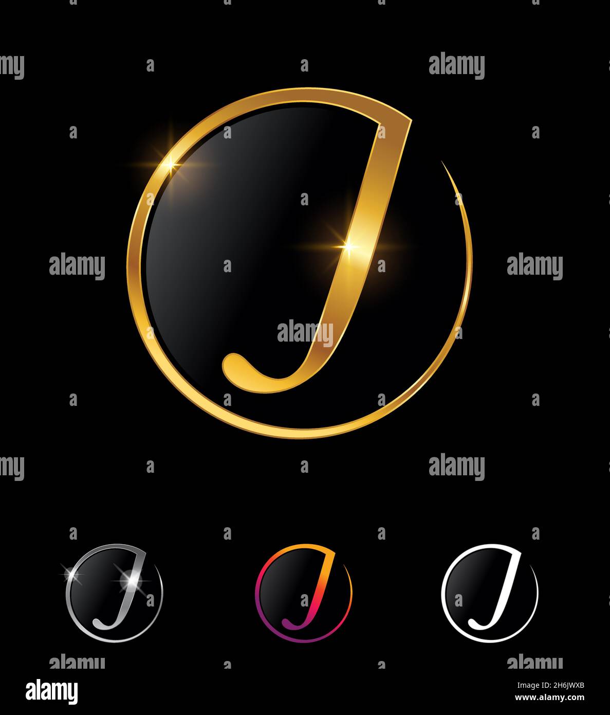 A vector illustration set of Golden Circle Letter J in black background ...