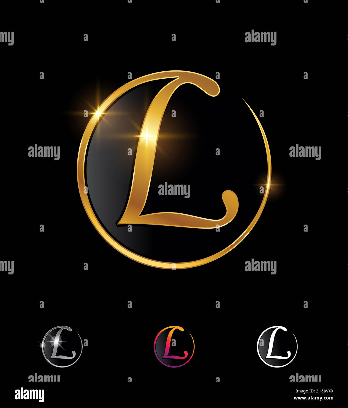 A vector illustration set of Golden Circle Letter L in black background ...