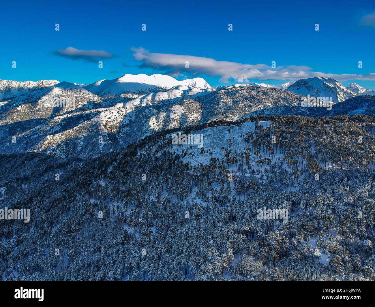 Aerial view of the snowy mountain Taygetus (also known as Taugetus or ...