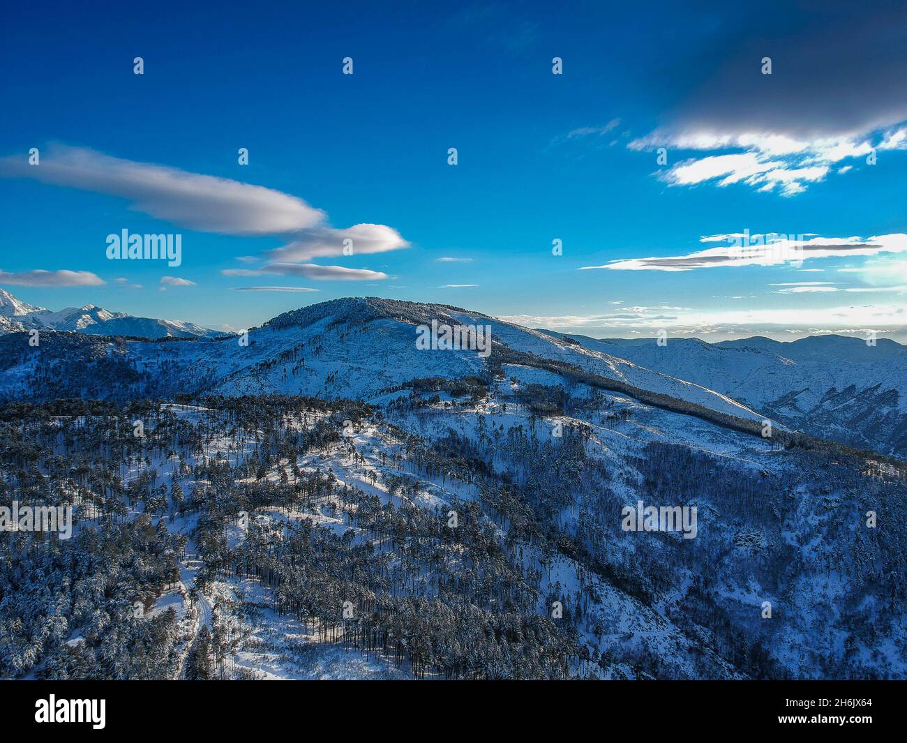 Aerial view of the snowy mountain Taygetus (also known as Taugetus or ...