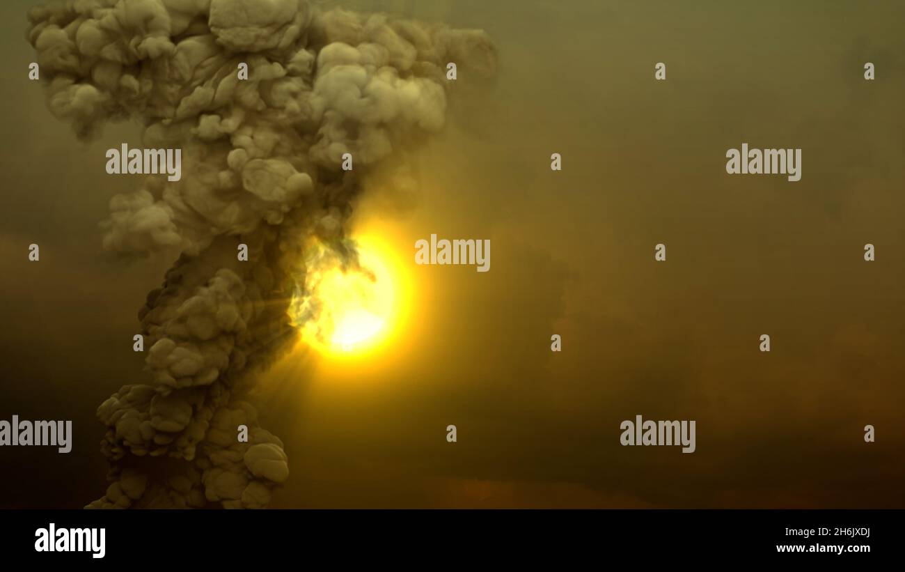 column of co2 emissions smoke from explosion on dirty sky with sun ...